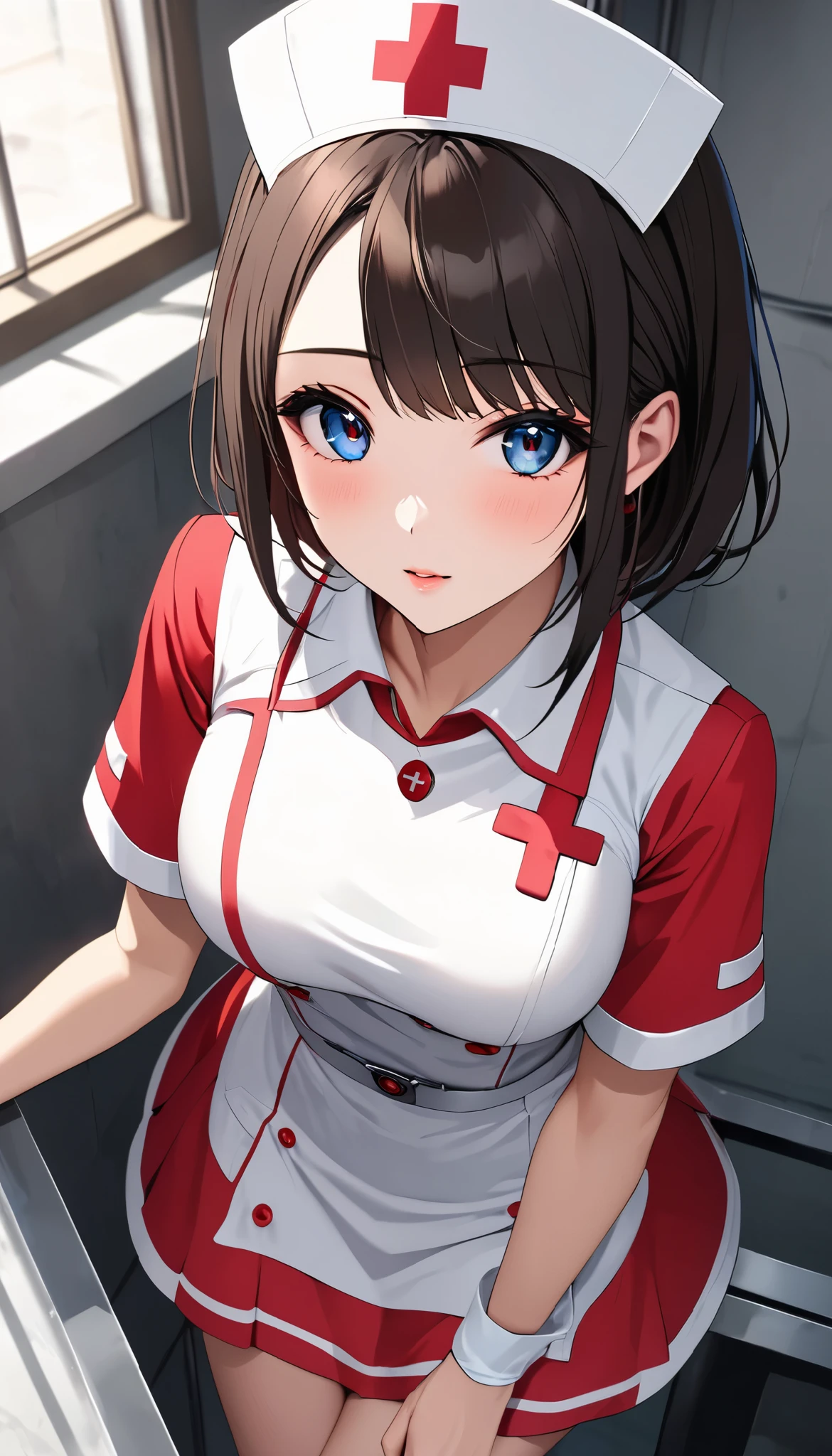 Anime nurse in uniform sitting on a toilet in a bathroom - SeaArt AI