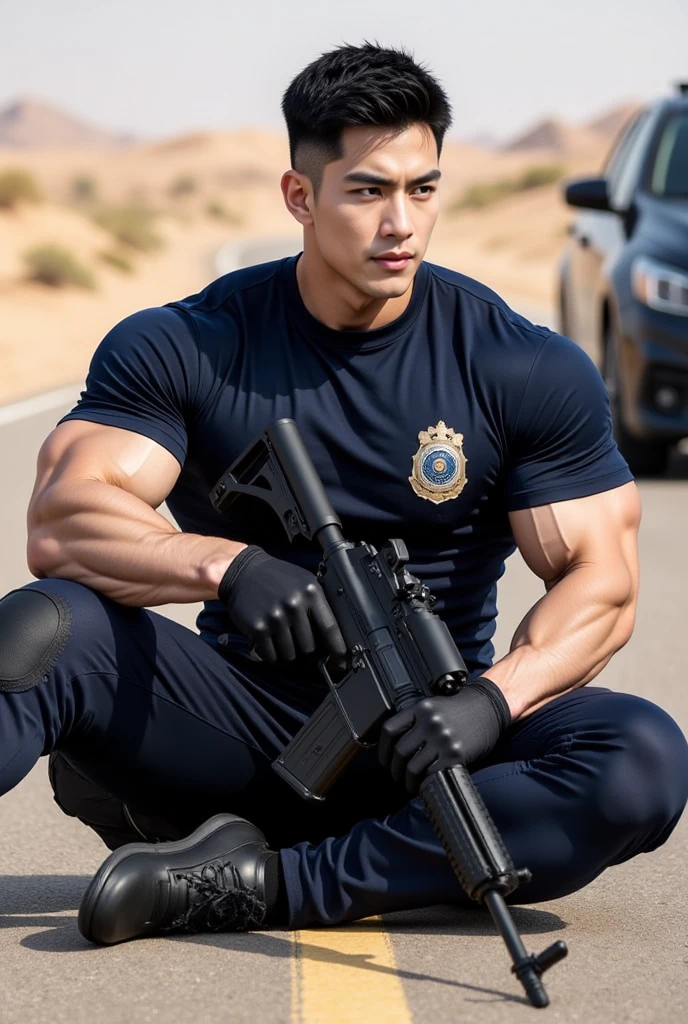 1 handsome man short hair ,crew cut hair, ,Wear a fitted round neck t ...