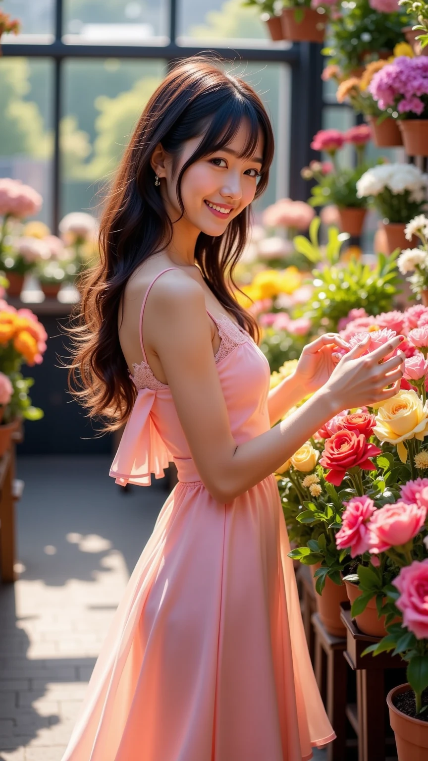 prompt: | A charming woman in a **soft pastel pink dress** with delicate lace details, standing ...