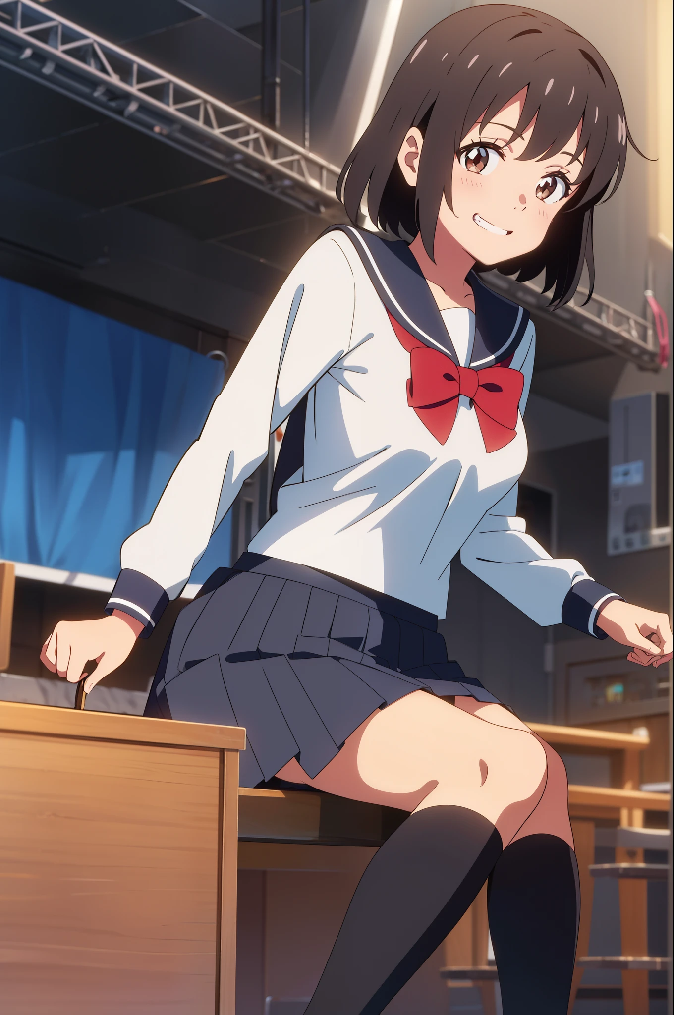 Anime girl sitting on a desk in a school uniform - SeaArt AI