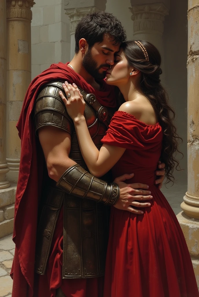 A sad Roman soldier and a woman in a red dress hugging him around the ...