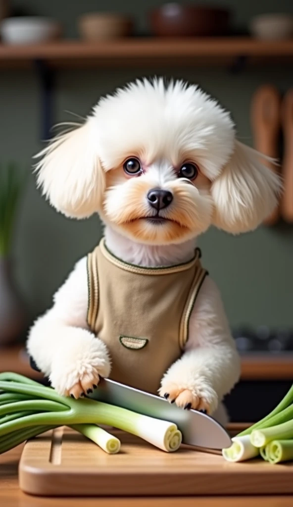 Maltese Bichon dog wearing an apron slicing green onions The background ...