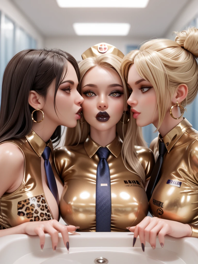 3 women , in extremely tight-fitting , shiny gold latex polo shirt - SeaArt AI