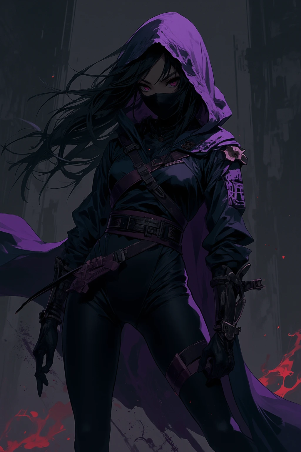 Ninja girl, long black hair with fringe , She wears a mask - SeaArt AI