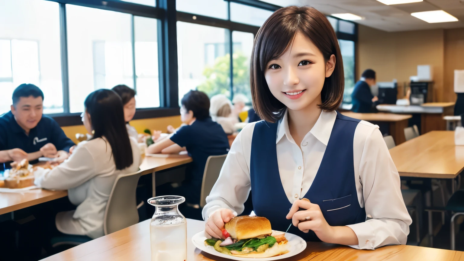 There is a woman sitting at a table with a plate of food - SeaArt AI