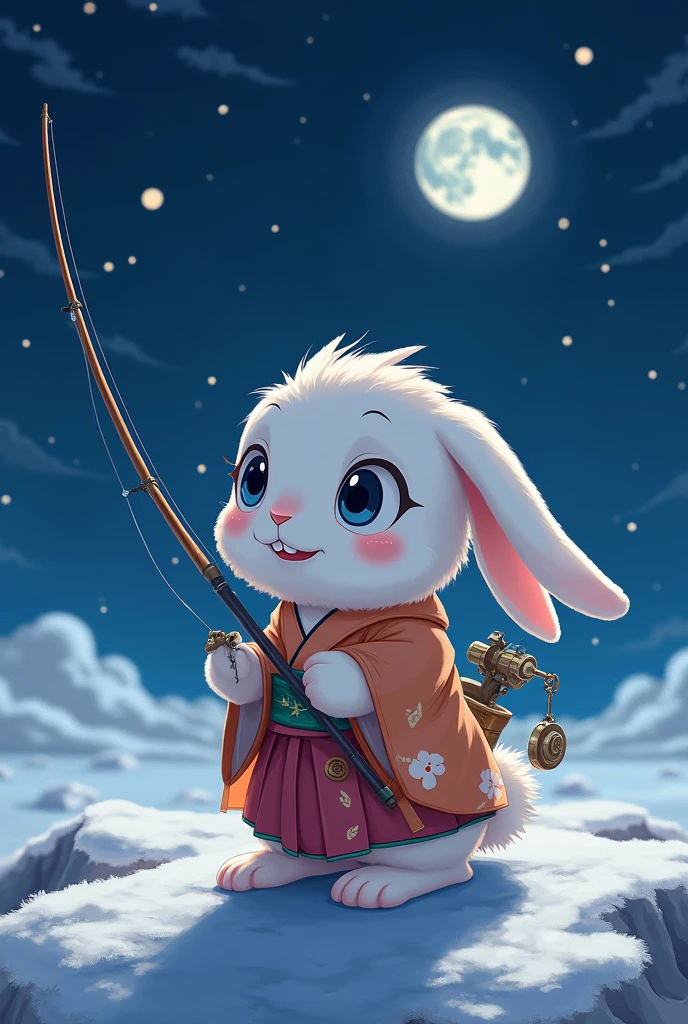Create me an anime rabbit that fishes on the moon at night - SeaArt AI