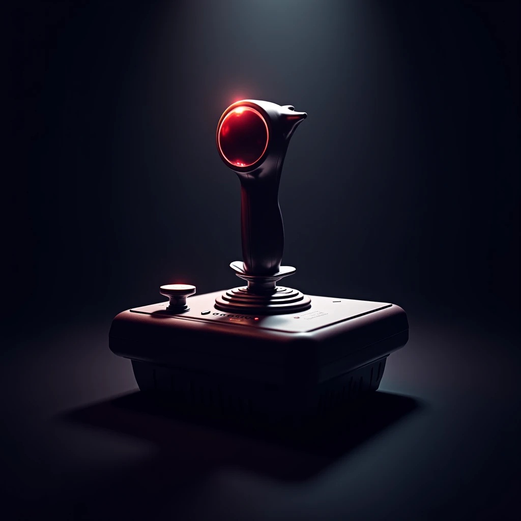 Generate a beautiful old gaming joystick, glow on a dark background ...