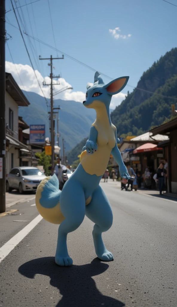 Alone (((girlish Lucario))) with (((blue body))) And (((yellow tuft of ...