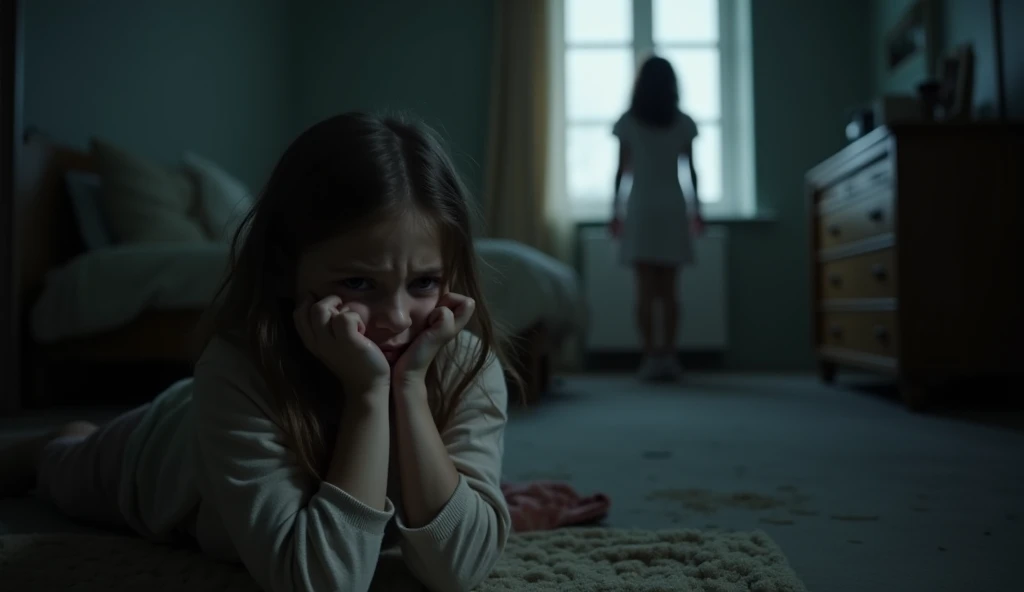 Une chambre sombre avec une jeune fille assise par terre, les bras ...