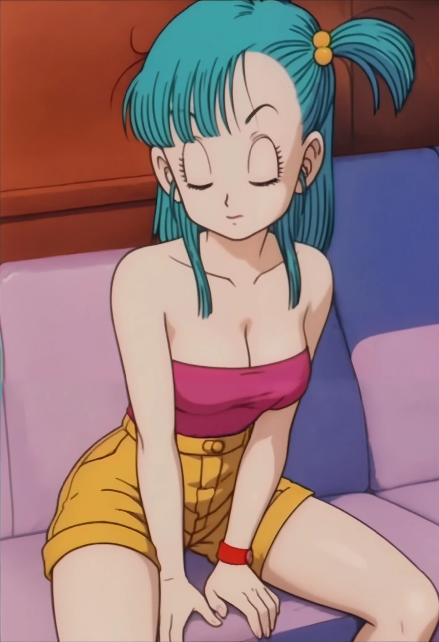 A close up of a person sitting on a couch with a blue hair - SeaArt AI