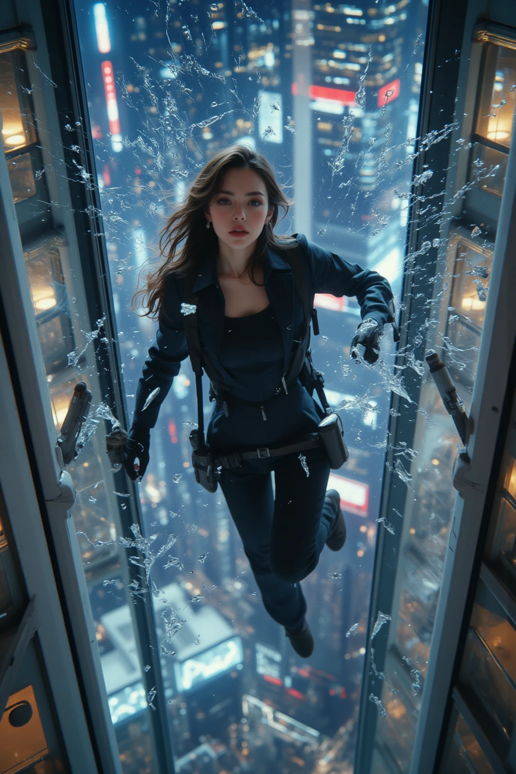 A stunningly beautiful female secret agent mid-action as she crashes ...