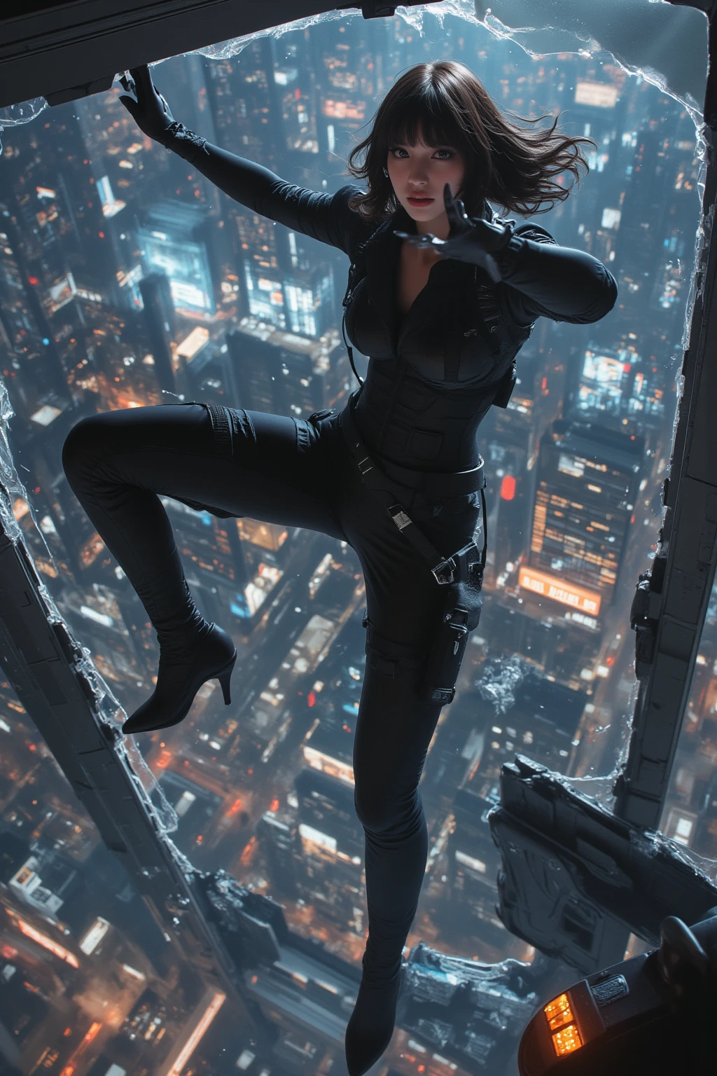 A stunningly beautiful female secret agent mid-action as she crashes ...