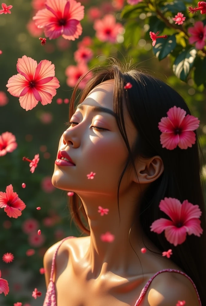 Vidéo animé d'asiatique sous une pluie d'hibiscus - SeaArt AI