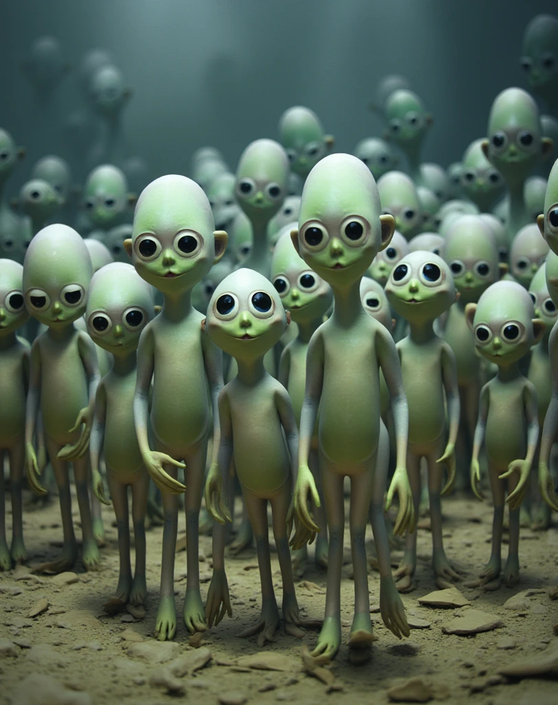 many little green and blue men with big and bald heads looking like a ...