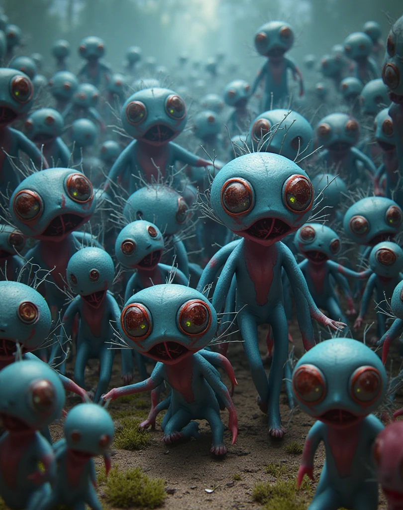 Many little blue and red men with big heads and bald looking like slimy ...