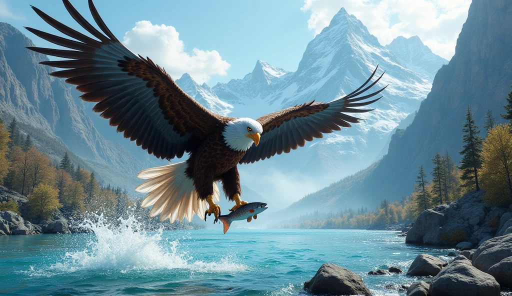 An eagle catching a fish mid-air from a sparkling river. And flying ...