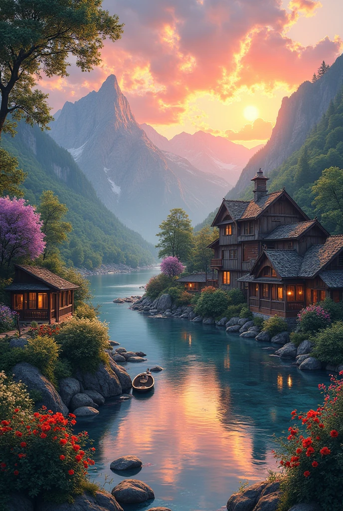 A small village by the river, mountains in the background , floral ...