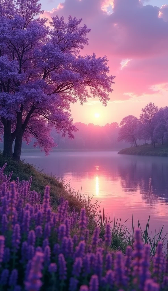 A purple sunset hits beautiful purple lilac trees. The lake - SeaArt AI