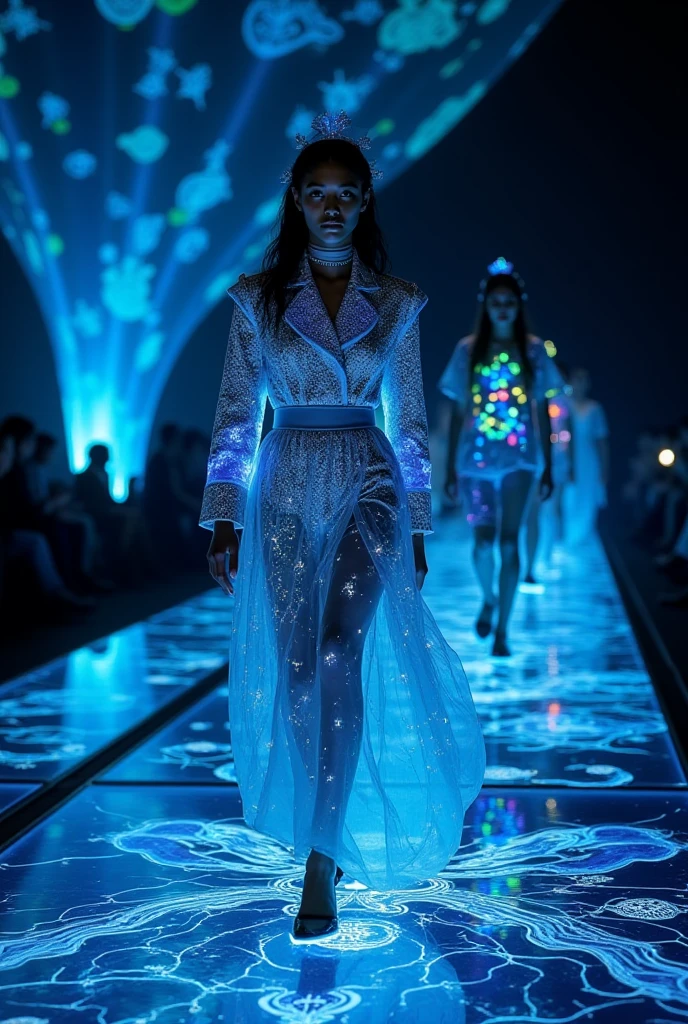 A dark, immersive runway mimics the ocean’s midnight zone. UV - SeaArt AI