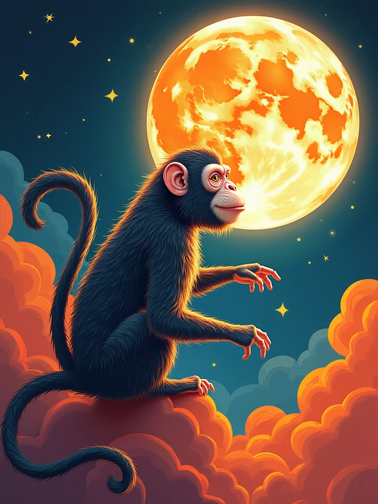 The monkey and the moon Chinese horoscope bright colors, HD - SeaArt AI
