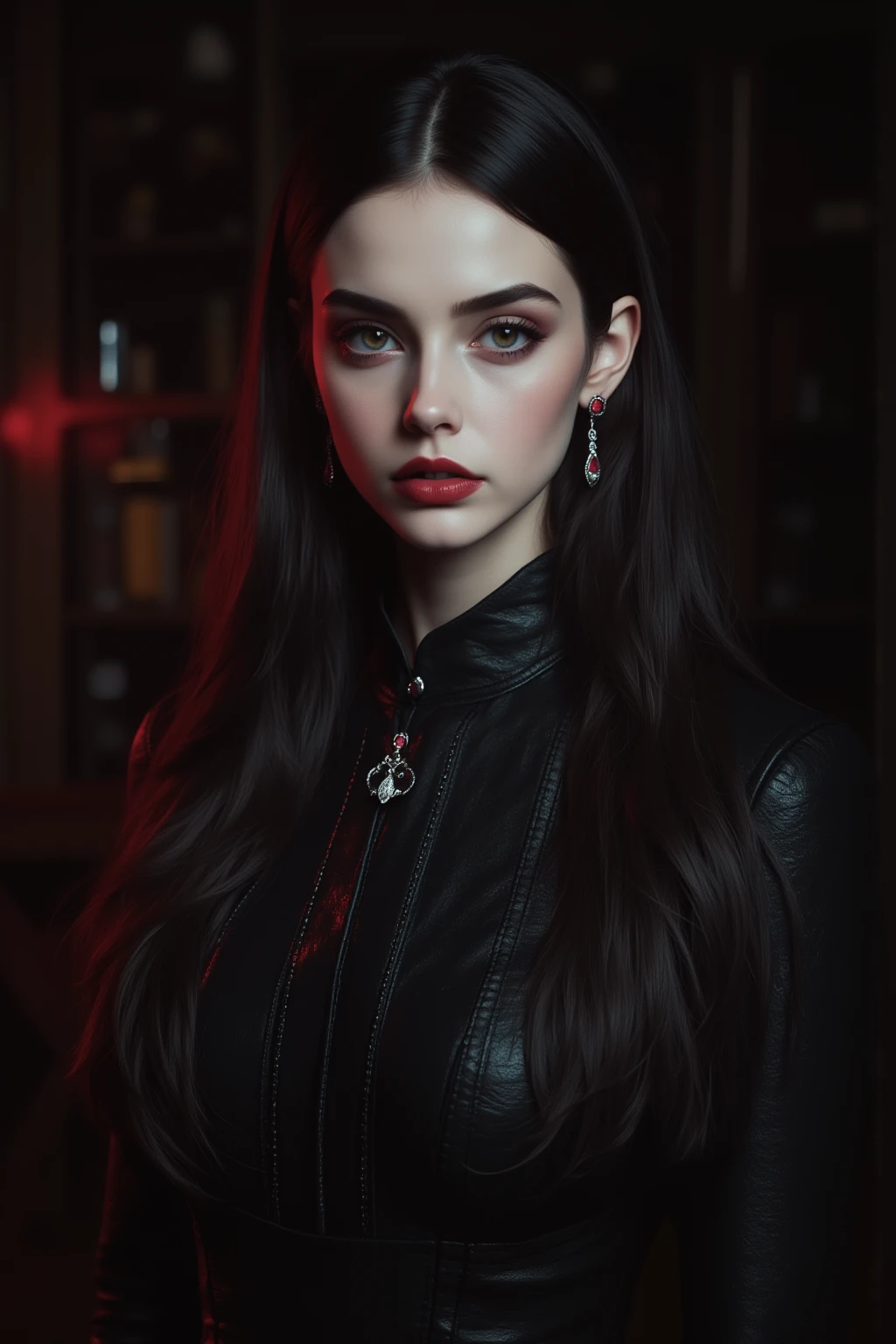 " 淡い肌とシャープな , 輪郭を持つ印象的で謎めいた女性見ている人の目をじっと見つめるのが特徴 . 彼女の長い, なめらかな黒い髪が肩から ...