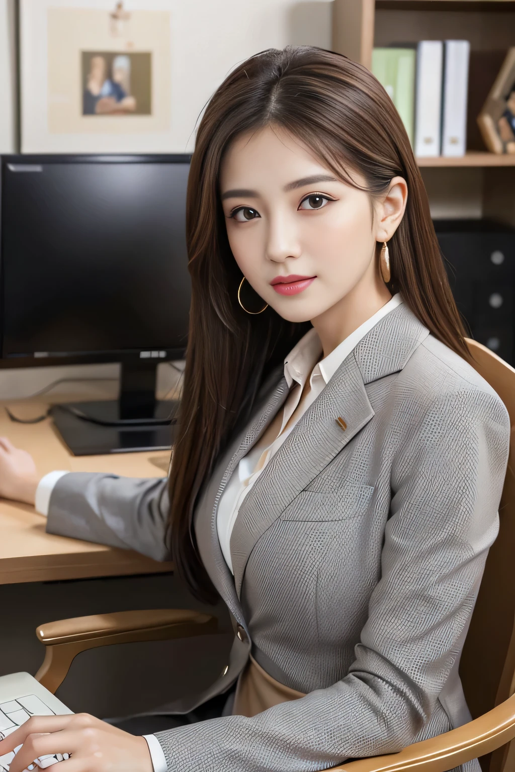Araffe woman in a suit sitting at a desk with a computer - SeaArt AI