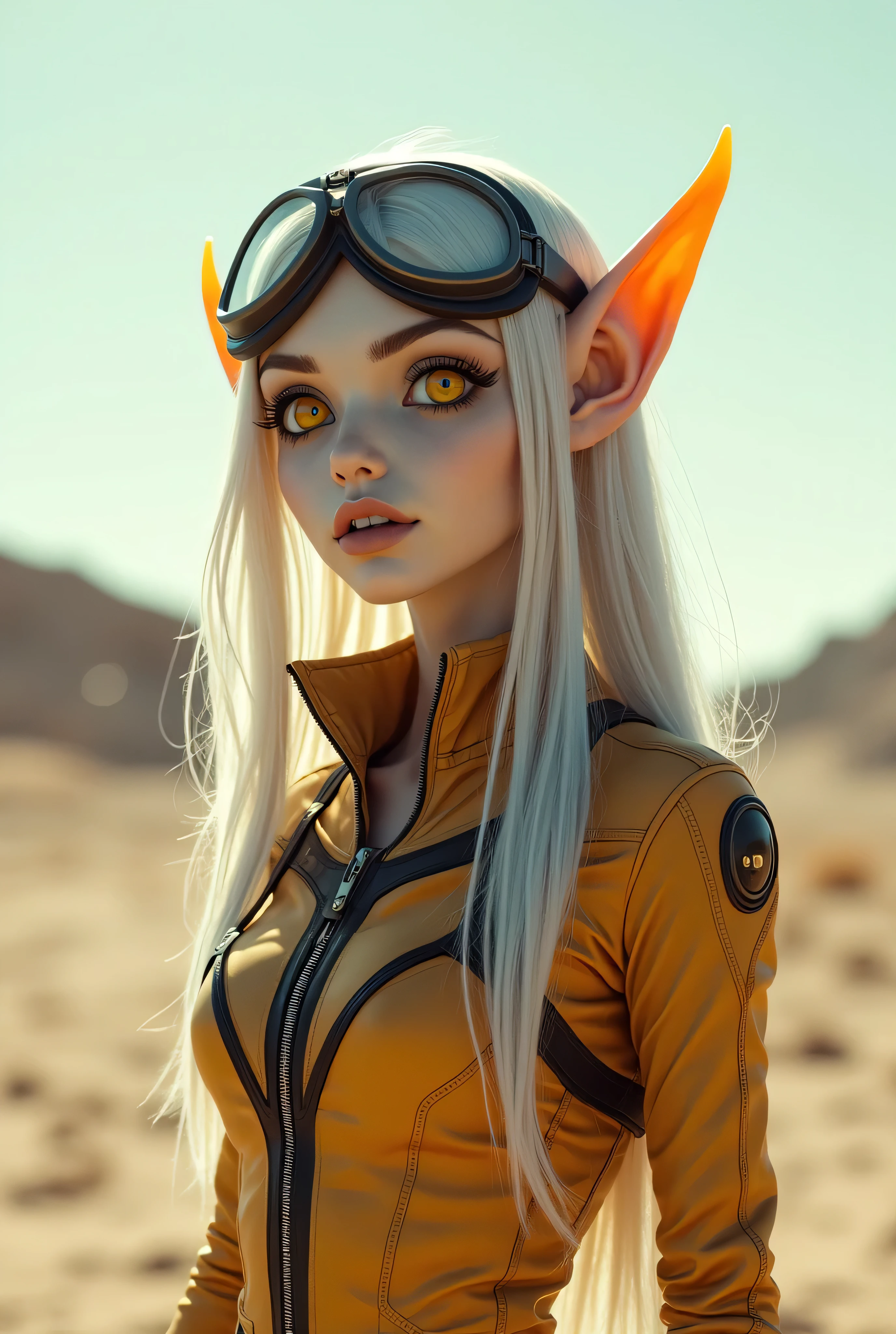 Blond haired woman in yellow leather jacket and goggles in desert ...