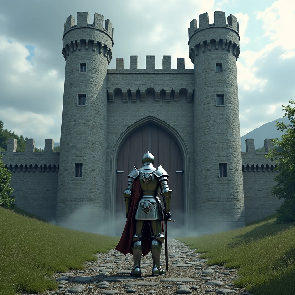 Knight in front of the closed door of a castle - SeaArt AI