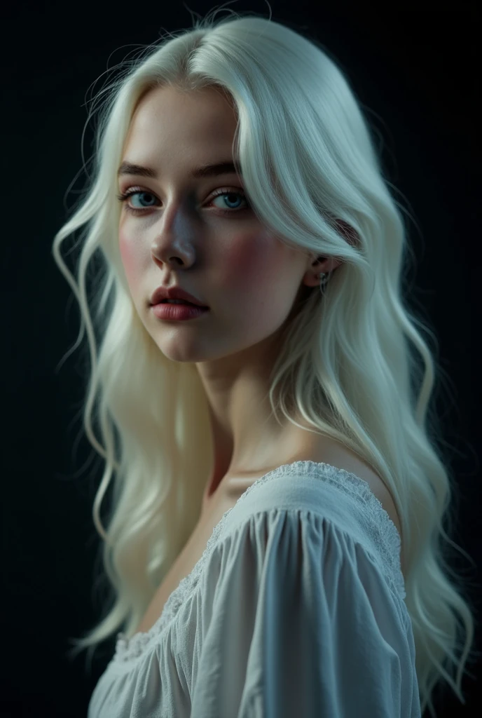 Cinematic film still pale model with long white hair, dark background ...