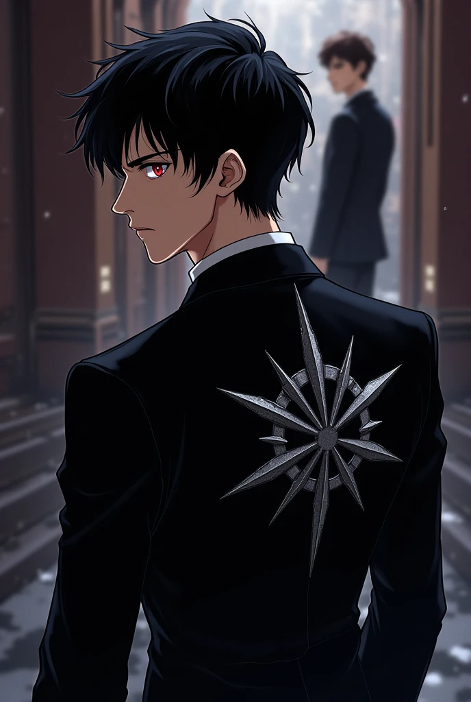 In an anime-style scene filled with tension and intrigue, a young man ...