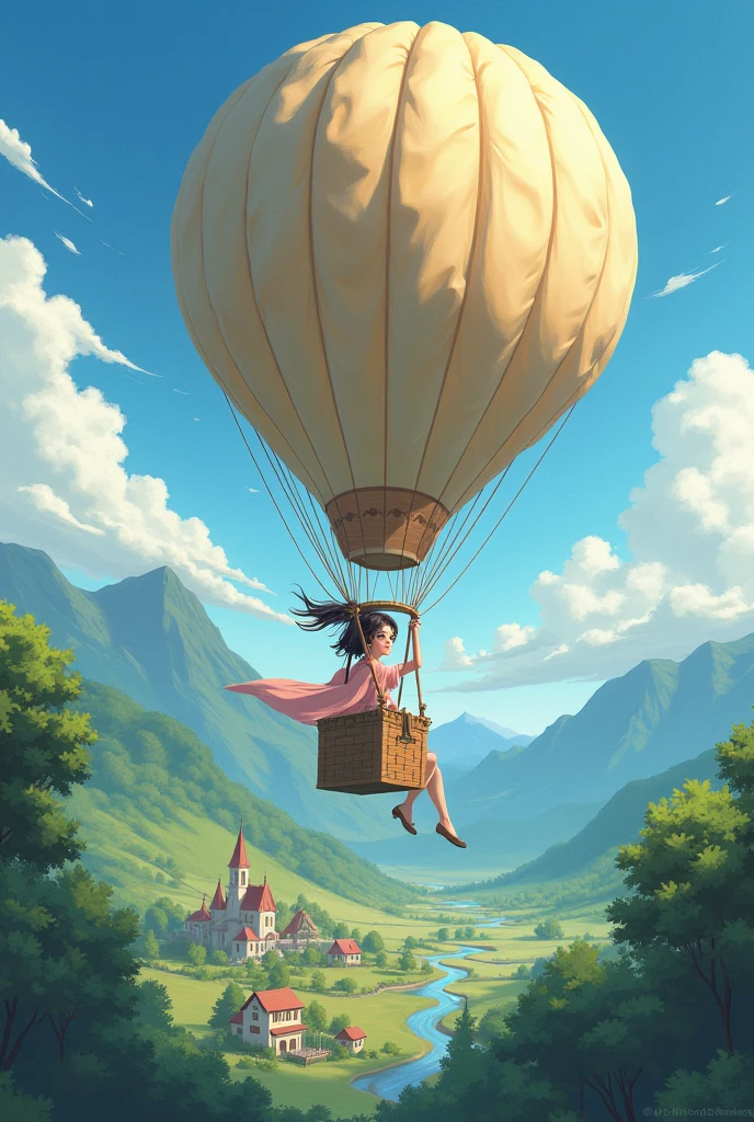 Beautiful girl with wavy short hair ride on hot air balloon, with blue ...