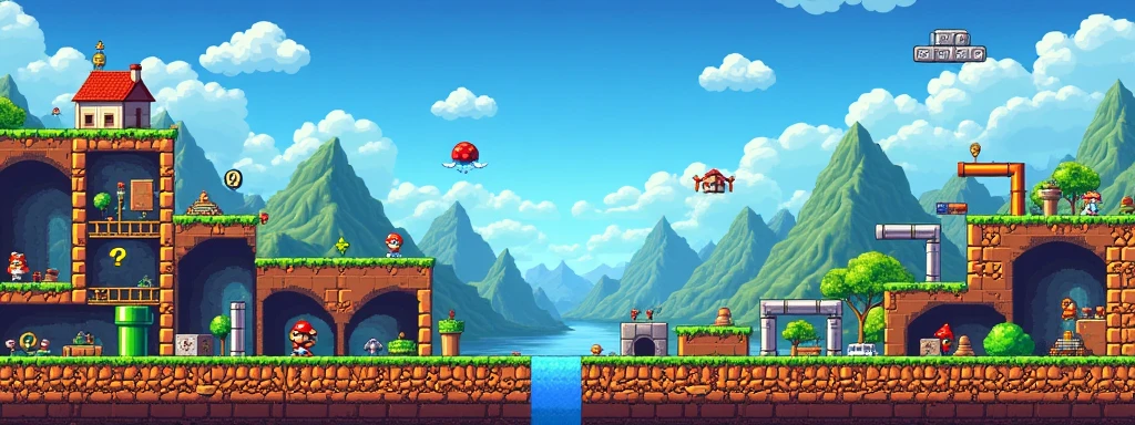 A large, very wide 2D pixel-art platformer level, inspired by classic ...