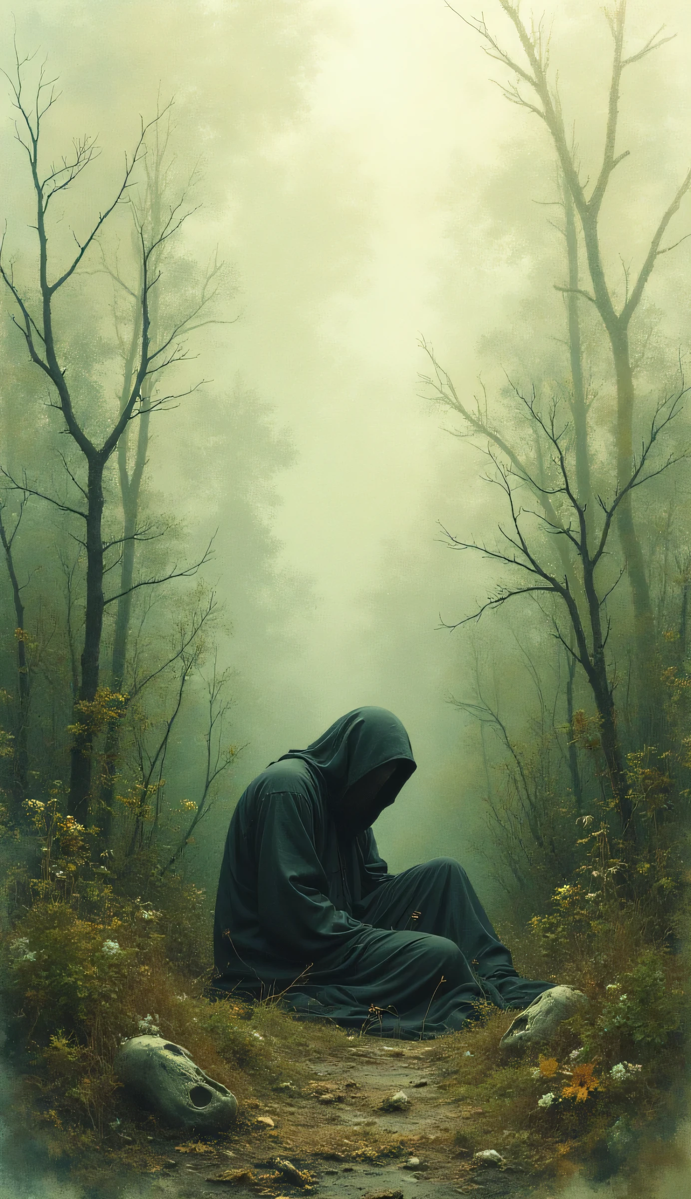 Muted, watercolor-style flux of greens, browns, and greys depicting a ...