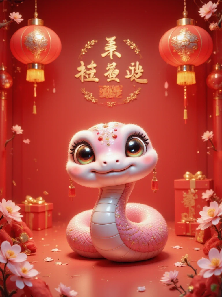 Cute Chinese snake with red gift boxes and calendar, golden text ...