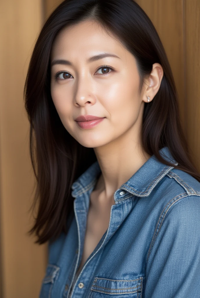 洗練された印象の接写ポートレート , 52歳の日本人女性, ナチュラルメイク, 自然なヘアスタイル , fine laugh lines ...