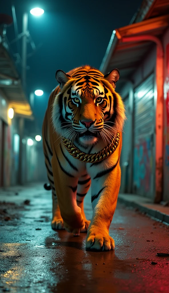 A powerful golden tiger wearing thick gold chains around its neck ...