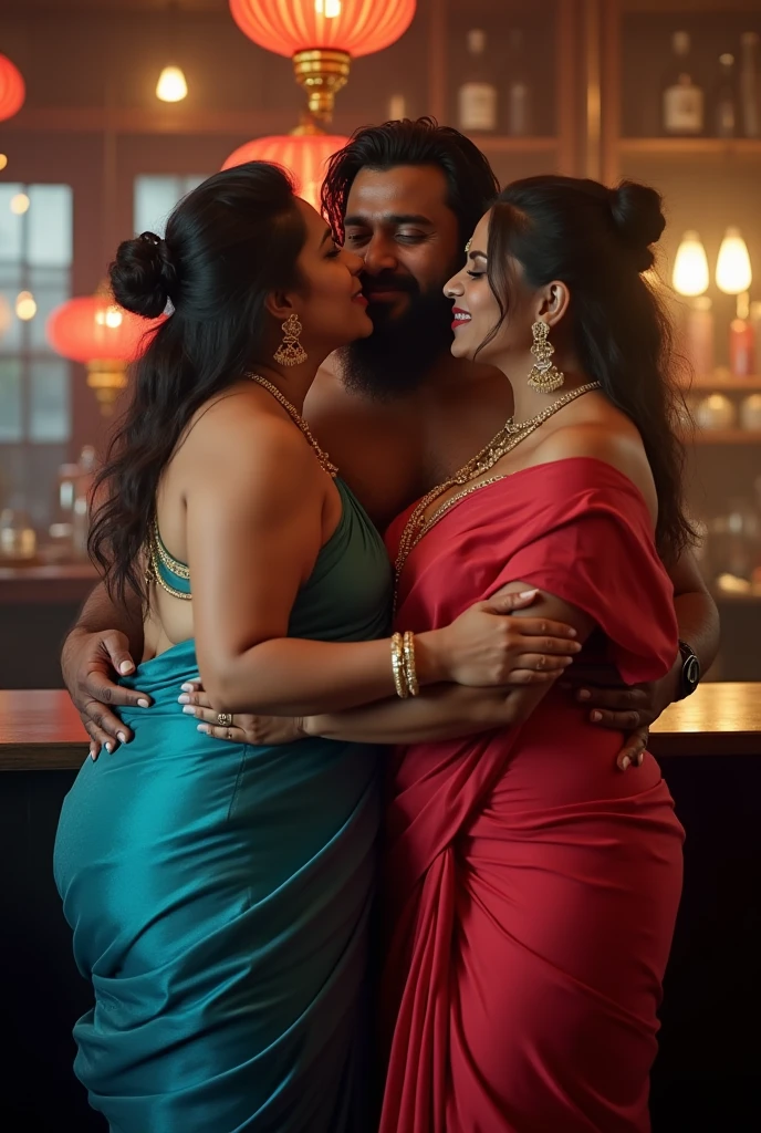 Two curvy, voluptuous, sexy, indian married dusky aunties, wearing shiny transpa - SeaArt AI