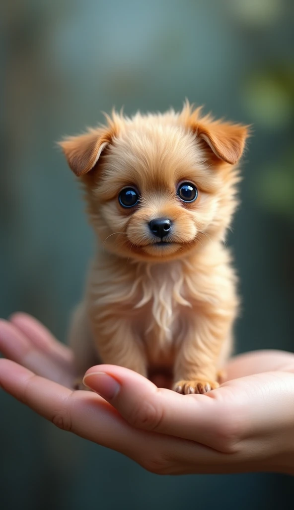 A small hairy dog standing on a human palm, stares at the camera ...