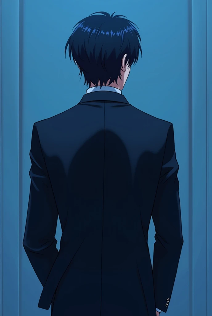 Anime Man Facing Back Blue Eyes Medium Black Hair In Black Suit - SeaArt AI