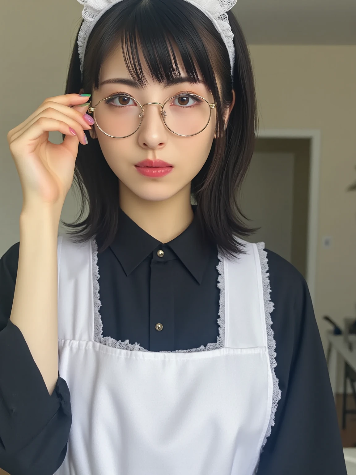 full body shot 、fine framed glasses , black and white french maid ...