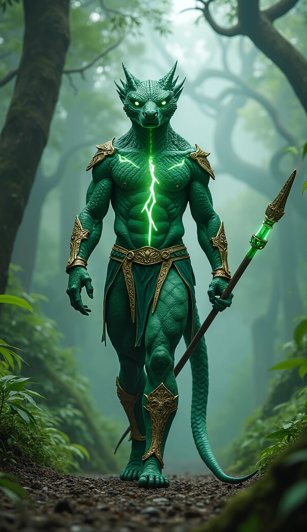 Arafed male in green costume holding a green staff in a forest - SeaArt AI
