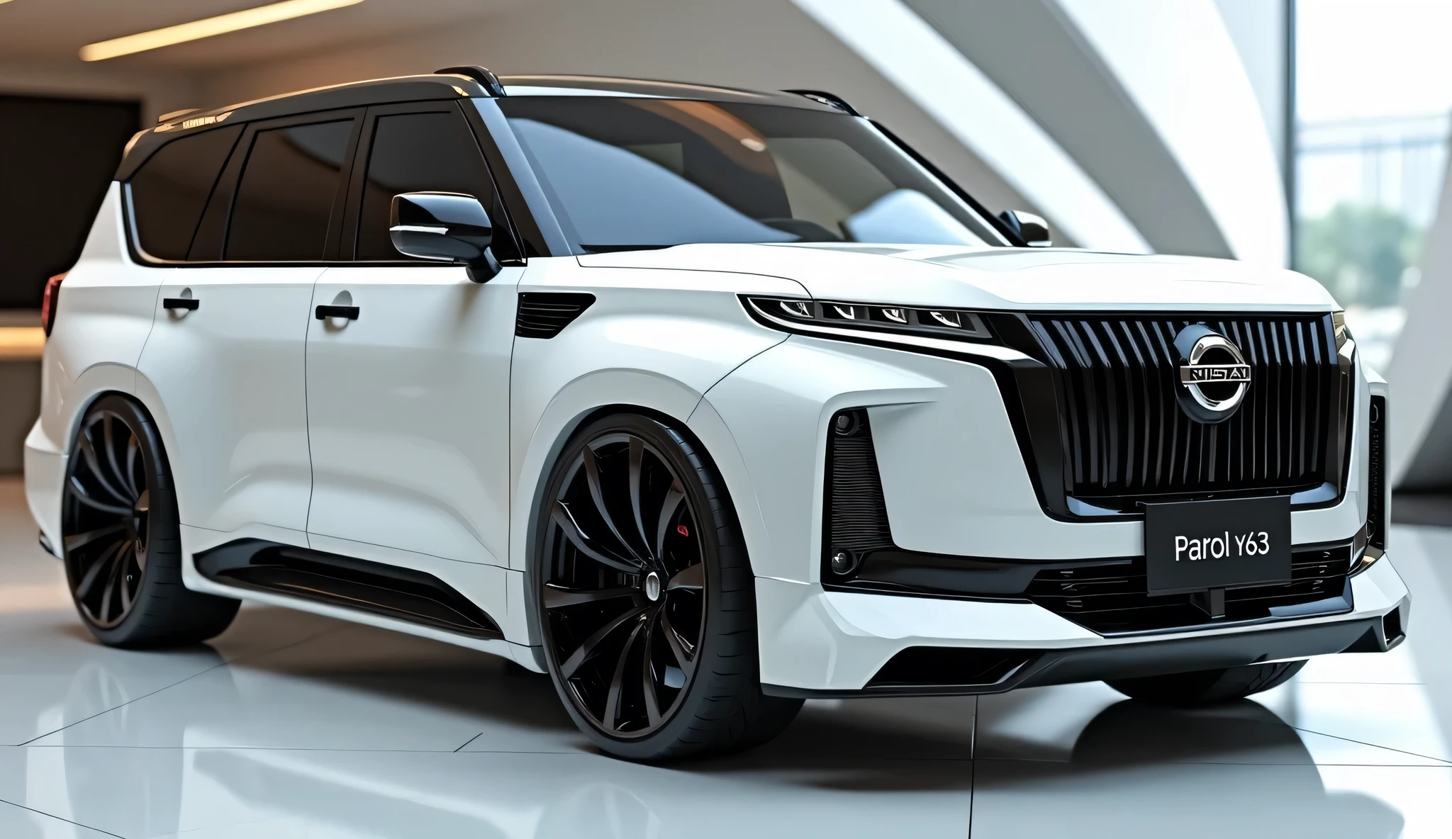 A close up of a white suv parked in a building - SeaArt AI