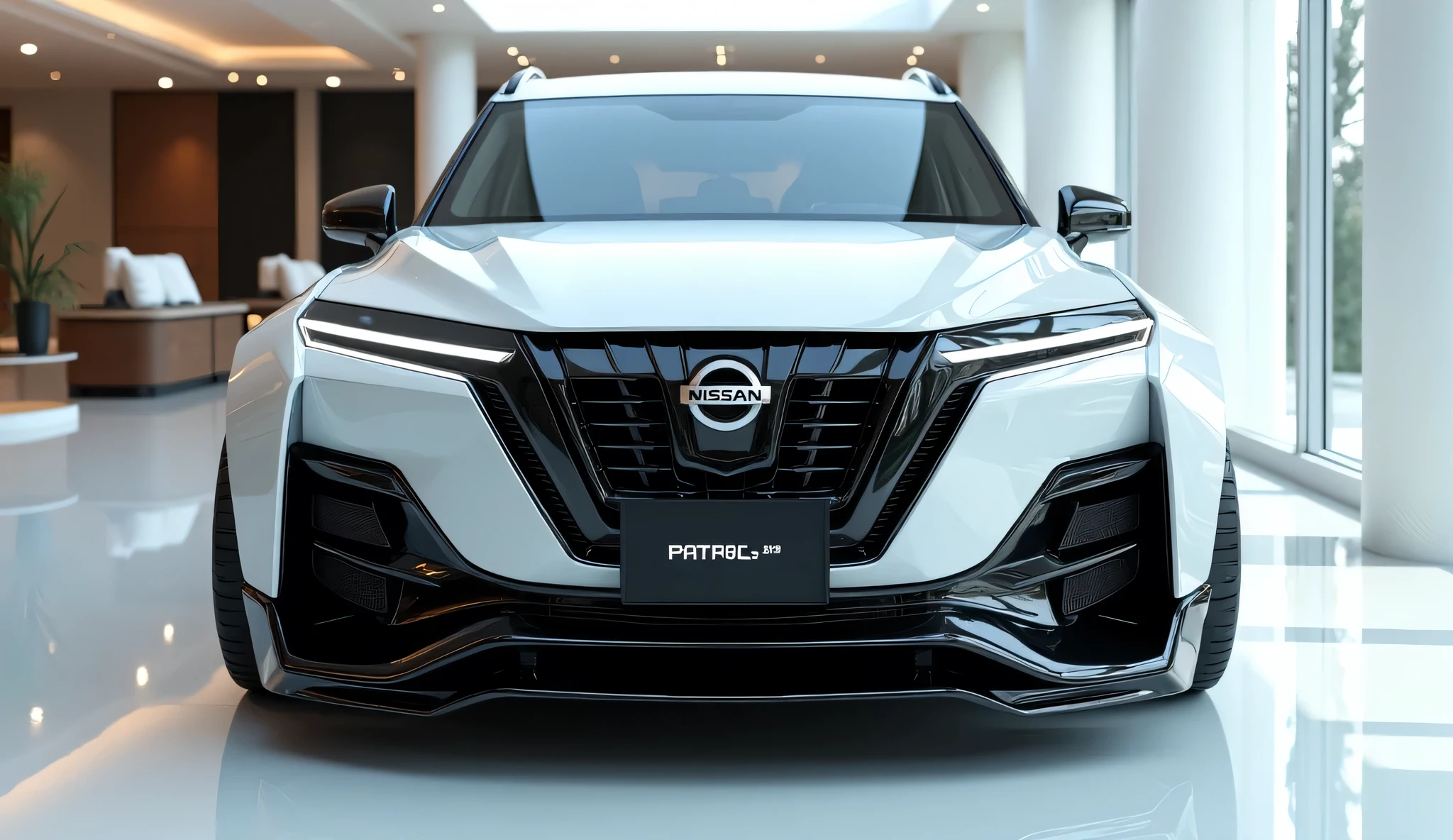 A close up of a white car in a large room - SeaArt AI