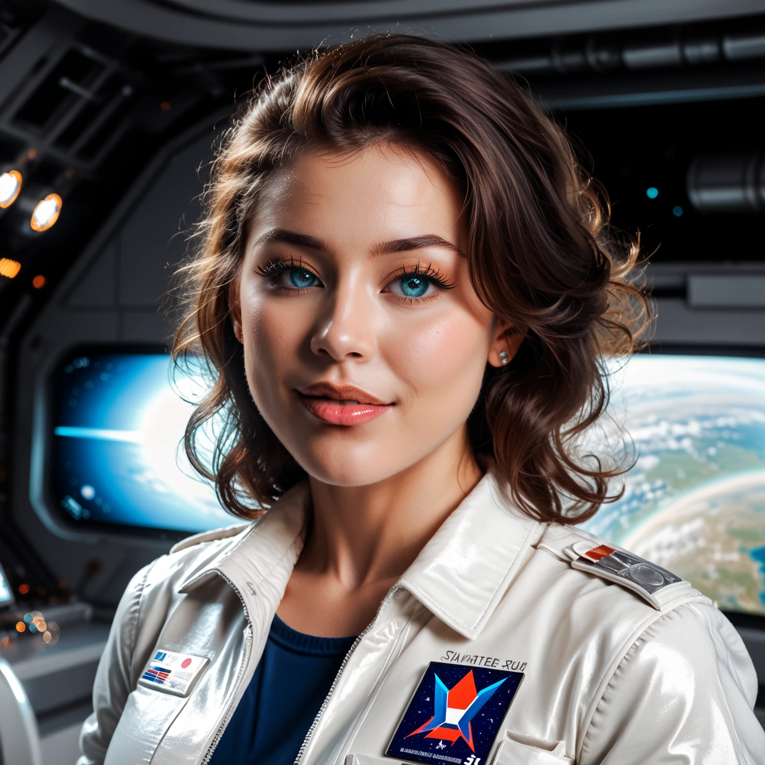at the space station, beautifully detailed eyes, nice detailed lips ...