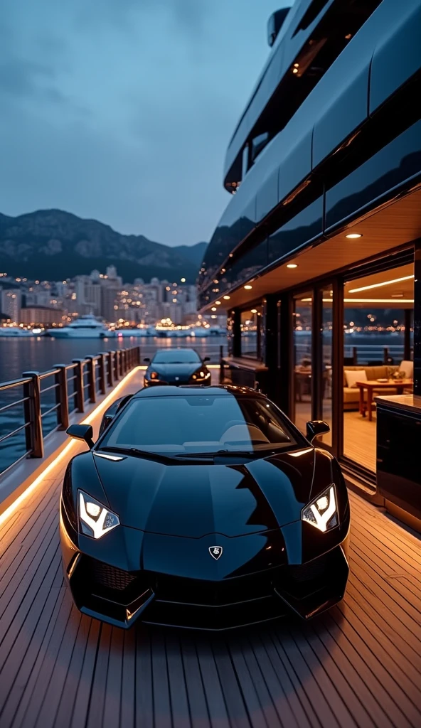 A luxurious yacht entry deck with a sleek black design, parked at the ...