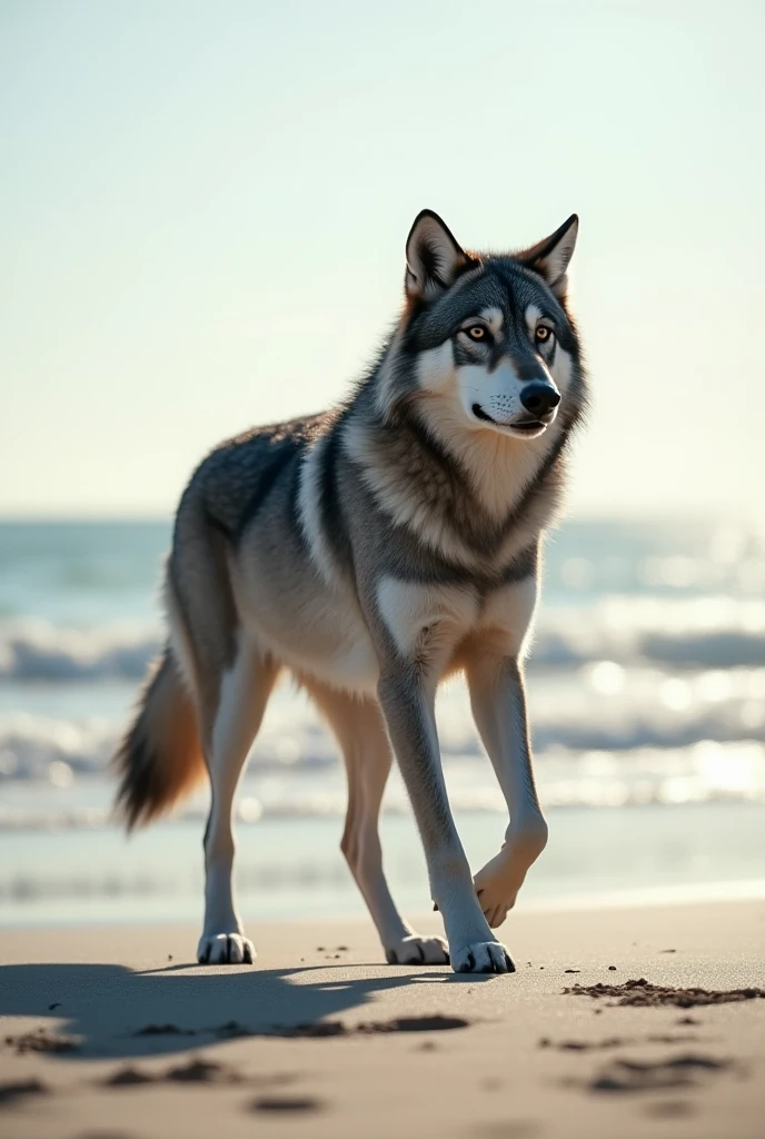 Video of a gray and black wolf dancing on the beach - SeaArt AI
