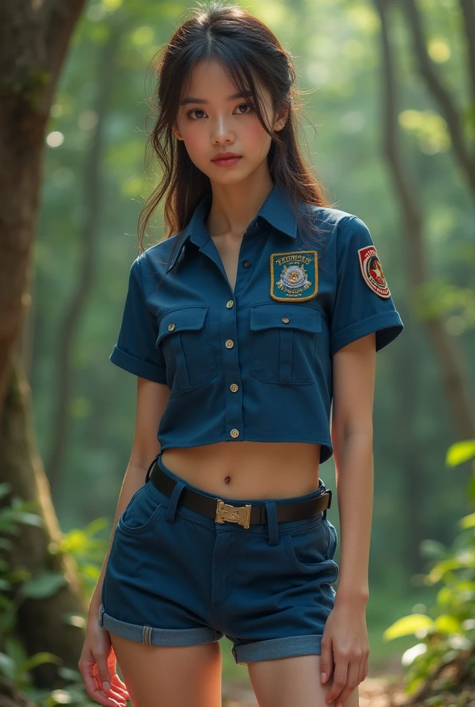 A cute woman from thailand with sexy security guard suit . whole body ...