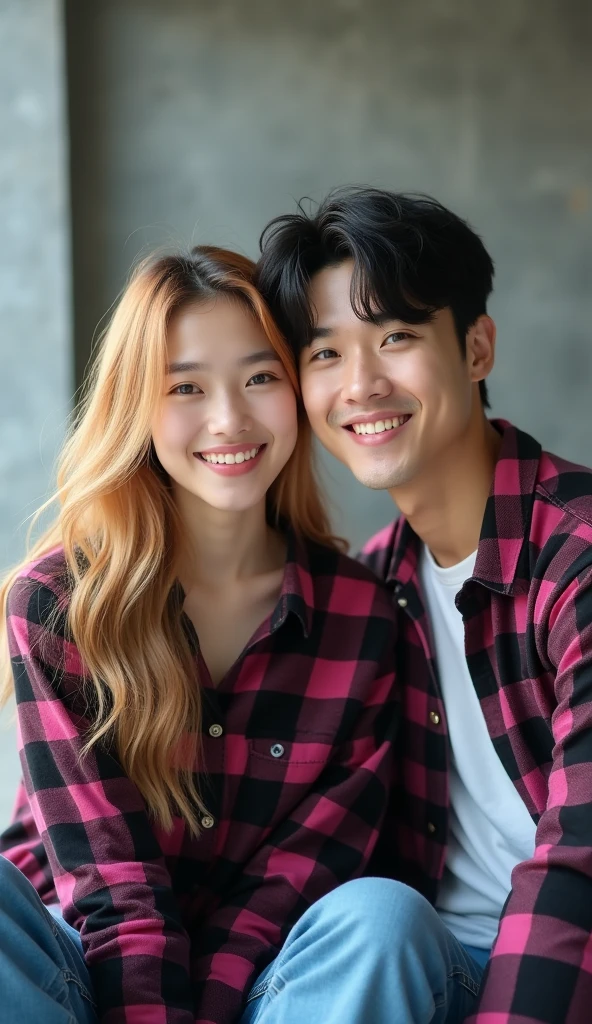 A photo closse-up smiling of camera, romantis couple a yong korean man ...