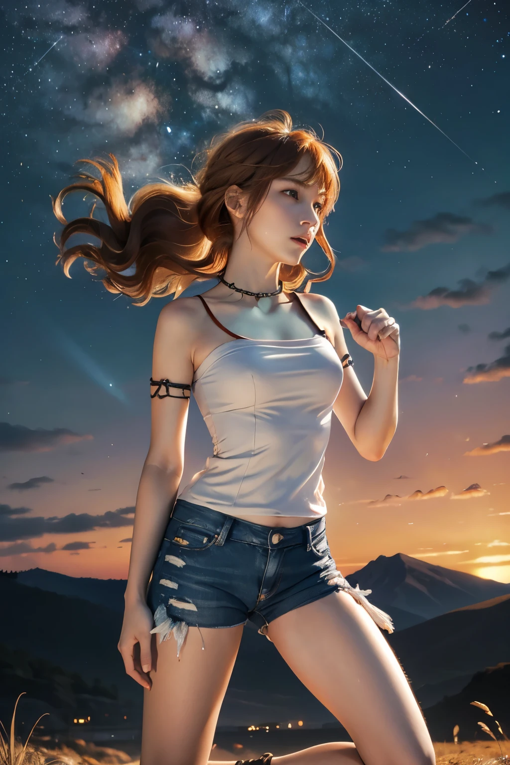 Anime girl with long hair and a white tank top standing in a field ...