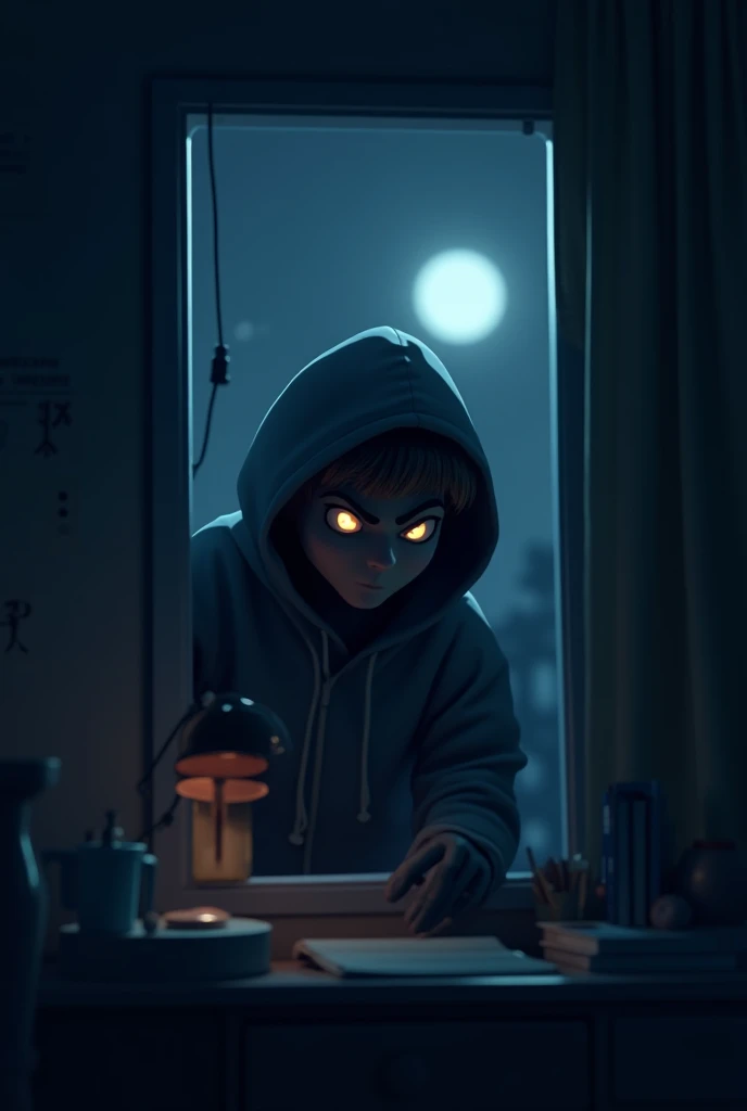 A highly detailed 3D cartoon-style illustration of a burglar peeking ...